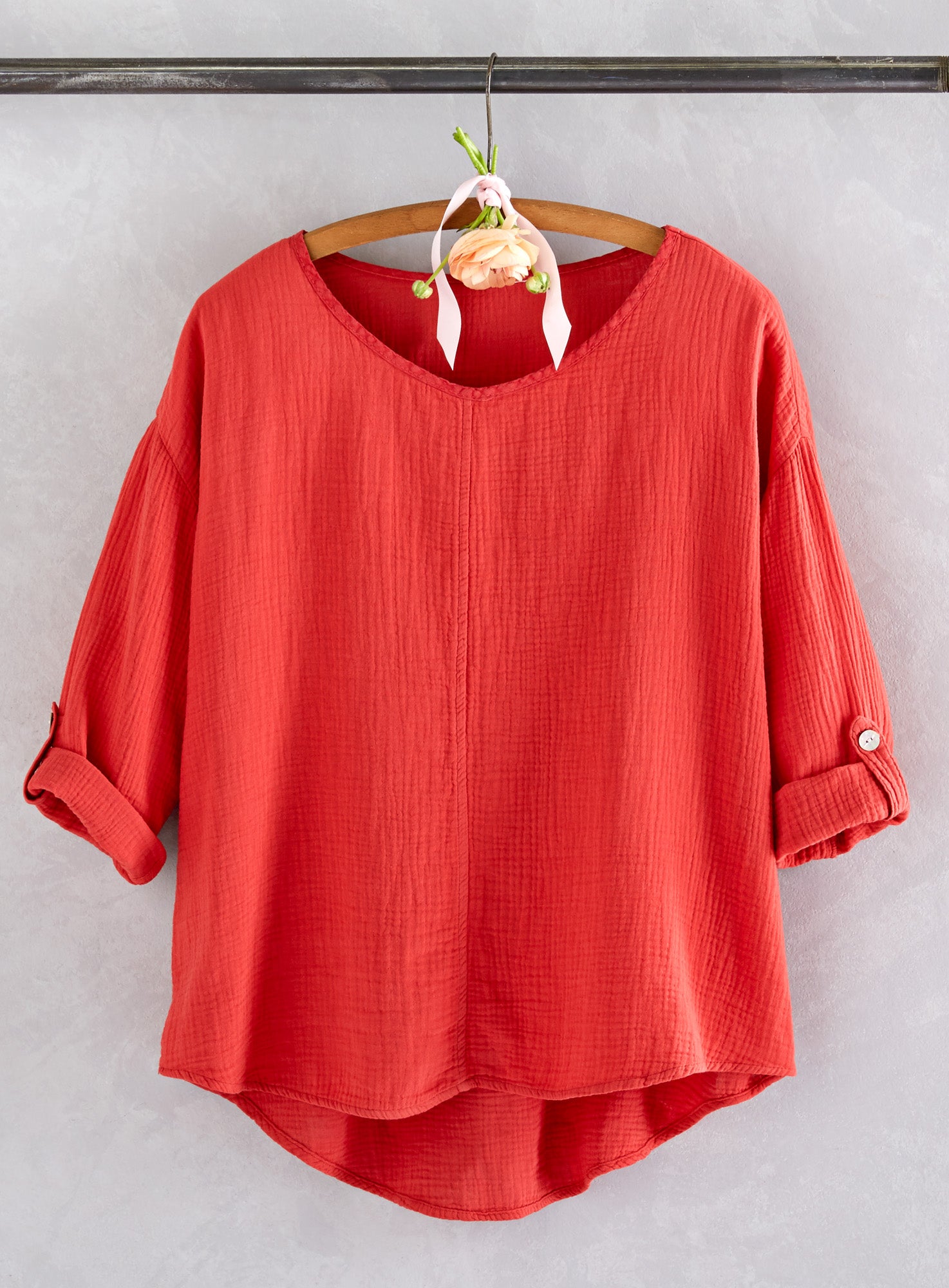 Cotton Ripple Tab-sleeve Top | Petalura